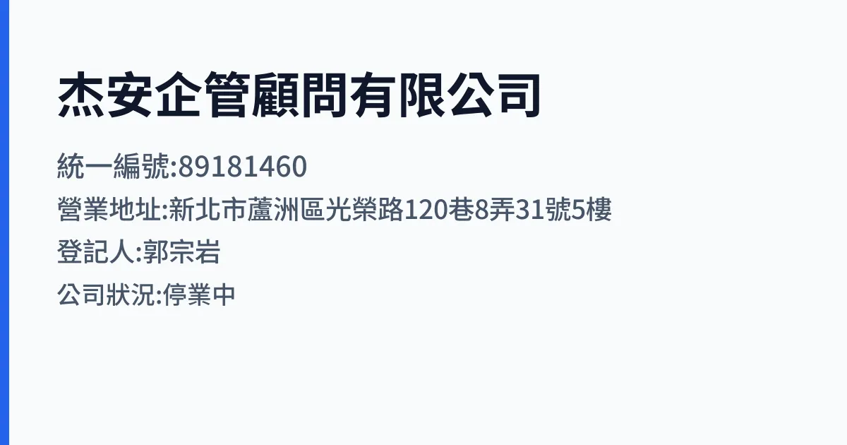 杰安企管顧問有限公司 - 統編 89181460(新北市) 公司登記資料與營業項目詳細圖表
