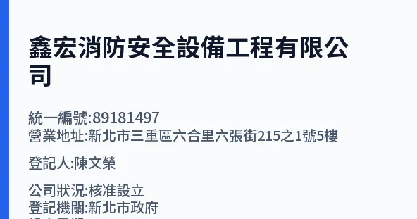 鑫宏消防安全設備工程有限公司的照片-統編 89181497(新北市) 公司登記資料與營業項目詳細圖表