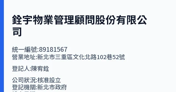銓宇物業管理顧問股份有限公司的照片-統編 89181567(新北市) 公司登記資料與營業項目詳細圖表
