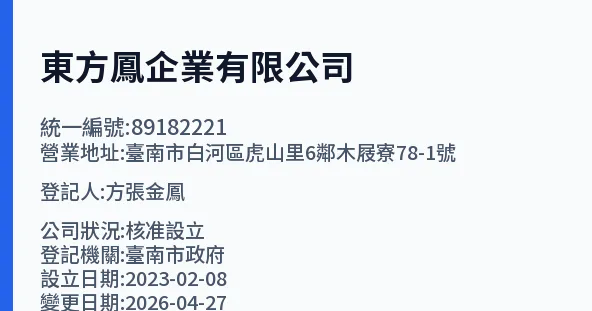 東方鳳企業有限公司的照片-統編 89182221(臺南市) 公司登記資料與營業項目詳細圖表