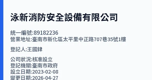 泳新消防安全設備有限公司的照片-統編 89182236(臺南市) 公司登記資料與營業項目詳細圖表