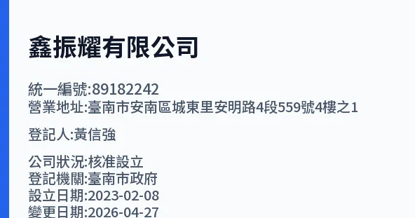 鑫振耀有限公司的照片-統編 89182242(臺南市) 公司登記資料與營業項目詳細圖表