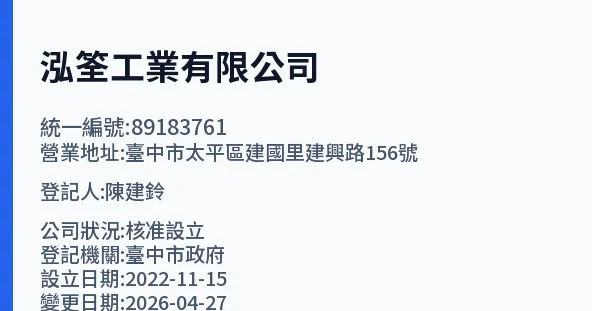 泓筌工業有限公司的照片-統編 89183761(臺中市) 公司登記資料與營業項目詳細圖表