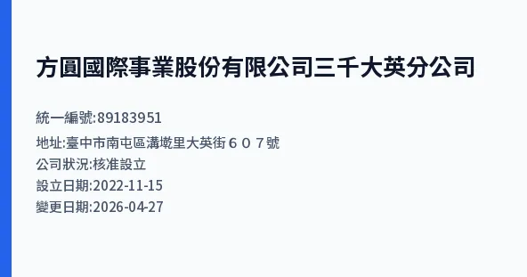 方圓國際事業股份有限公司三千大英分公司的照片-統編 89183951(臺中市) 公司登記資料與營業項目詳細圖表