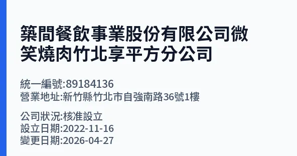 築間餐飲事業股份有限公司微笑燒肉竹北享平方分公司的照片-統編 89184136(新竹縣) 公司登記資料與營業項目詳細圖表
