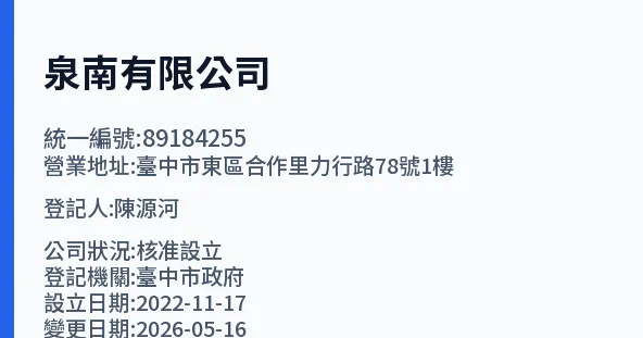泉南有限公司的照片-統編 89184255(臺中市) 公司登記資料與營業項目詳細圖表