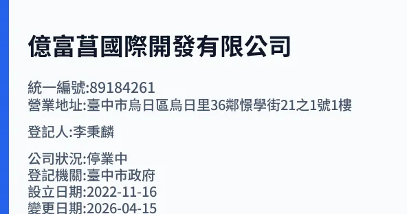 億富菖國際開發有限公司的照片-統編 89184261(臺中市) 公司登記資料與營業項目詳細圖表