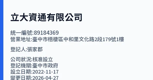 立大資通有限公司的照片-統編 89184369(臺中市) 公司登記資料與營業項目詳細圖表