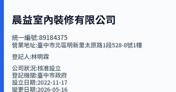 晨益室內裝修有限公司的照片-統編 89184375(臺中市) 公司登記資料與營業項目詳細圖表