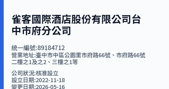 雀客國際酒店股份有限公司台中市府分公司的照片-統編 89184712(臺中市) 公司登記資料與營業項目詳細圖表
