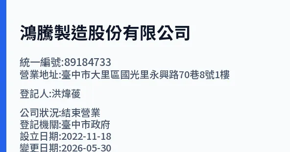 鴻騰製造股份有限公司的照片-統編 89184733(臺中市) 公司登記資料與營業項目詳細圖表