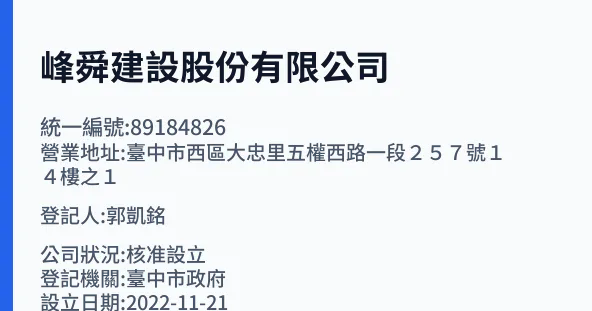 峰舜建設股份有限公司的照片-統編 89184826(臺中市) 公司登記資料與營業項目詳細圖表