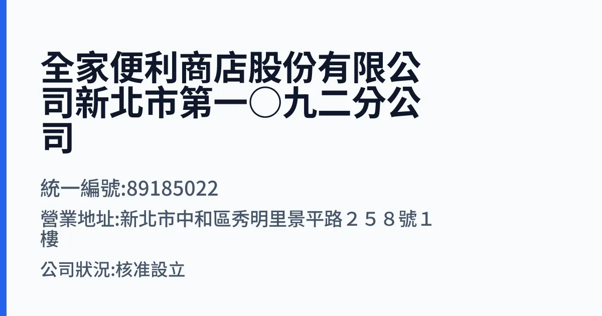 全家便利商店股份有限公司新北市第一○九二分公司 - 統編 89185022(新北市) 公司登記資料與營業項目詳細圖表