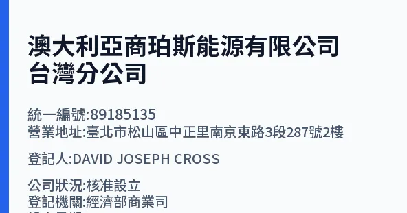 澳大利亞商珀斯能源有限公司台灣分公司的照片-統編 89185135(臺北市) 公司登記資料與營業項目詳細圖表