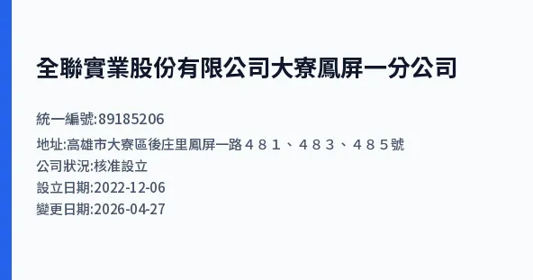 全聯實業股份有限公司大寮鳳屏一分公司的照片-統編 89185206(高雄市) 公司登記資料與營業項目詳細圖表