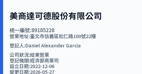 美商達可德股份有限公司的照片-統編 89185228(臺北市) 公司登記資料與營業項目詳細圖表