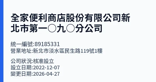 全家便利商店股份有限公司新北市第一○九○分公司的照片-統編 89185331(新北市) 公司登記資料與營業項目詳細圖表