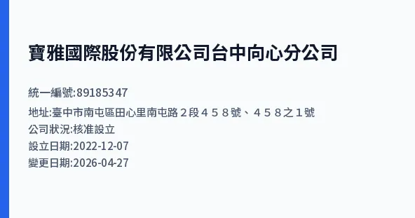 寶雅國際股份有限公司台中向心分公司的照片-統編 89185347(臺中市) 公司登記資料與營業項目詳細圖表