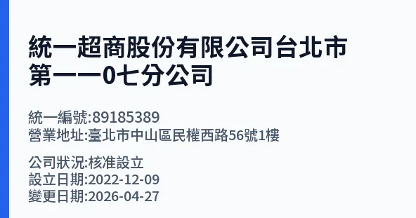 統一超商股份有限公司台北市第一一0七分公司的照片-統編 89185389(臺北市) 公司登記資料與營業項目詳細圖表