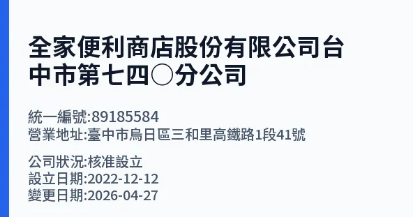全家便利商店股份有限公司台中市第七四○分公司的照片-統編 89185584(臺中市) 公司登記資料與營業項目詳細圖表