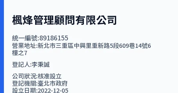 楓烽管理顧問有限公司的照片-統編 89186155(新北市) 公司登記資料與營業項目詳細圖表