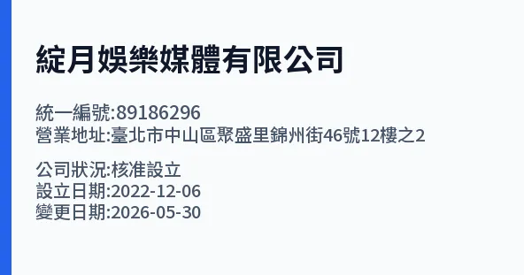 綻月娛樂媒體有限公司的照片-統編 89186296 公司登記資料與營業項目詳細圖表