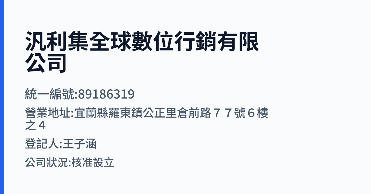 汎利集全球數位行銷有限公司 - 統編 89186319(臺北市) 公司登記資料與營業項目詳細圖表