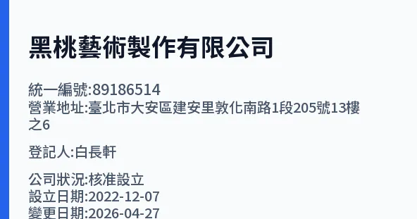 黑桃藝術製作有限公司的照片-統編 89186514(臺北市) 公司登記資料與營業項目詳細圖表