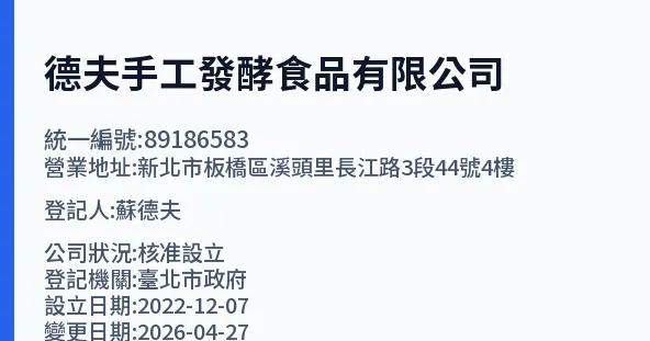 德夫手工發酵食品有限公司的照片-統編 89186583(新北市) 公司登記資料與營業項目詳細圖表