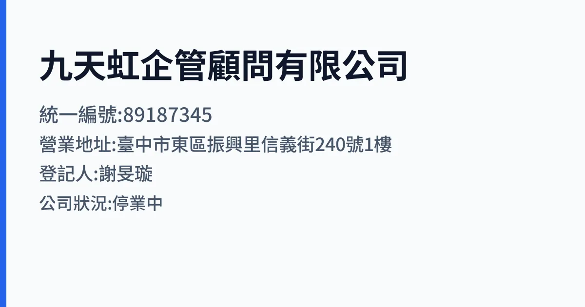 九天虹企管顧問有限公司 - 統編 89187345(臺中市) 公司登記資料與營業項目詳細圖表