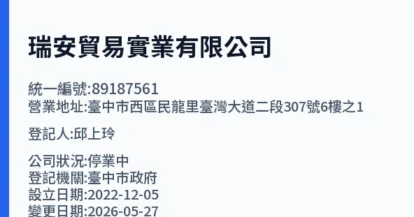 瑞安貿易實業有限公司的照片-統編 89187561(臺中市) 公司登記資料與營業項目詳細圖表