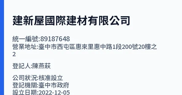 建新屋國際建材有限公司的照片-統編 89187648(臺中市) 公司登記資料與營業項目詳細圖表