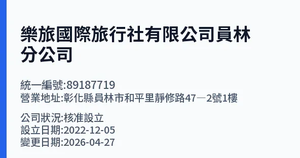 樂旅國際旅行社有限公司員林分公司的照片-統編 89187719(彰化縣) 公司登記資料與營業項目詳細圖表