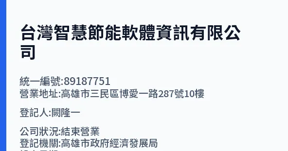 台灣智慧節能軟體資訊有限公司的照片-統編 89187751(高雄市) 公司登記資料與營業項目詳細圖表