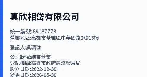 真欣相岱有限公司的照片-統編 89187773(高雄市) 公司登記資料與營業項目詳細圖表