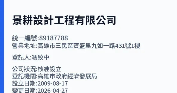景耕設計工程有限公司的照片-統編 89187788(高雄市) 公司登記資料與營業項目詳細圖表