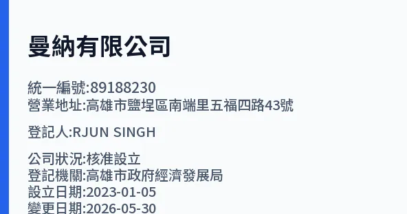 曼納有限公司的照片-統編 89188230(高雄市) 公司登記資料與營業項目詳細圖表