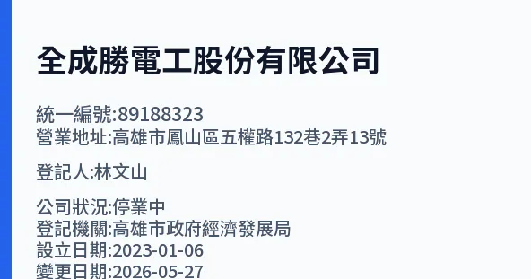 全成勝電工股份有限公司的照片-統編 89188323(高雄市) 公司登記資料與營業項目詳細圖表