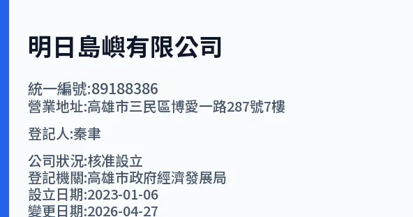 明日島嶼有限公司的照片-統編 89188386(高雄市) 公司登記資料與營業項目詳細圖表