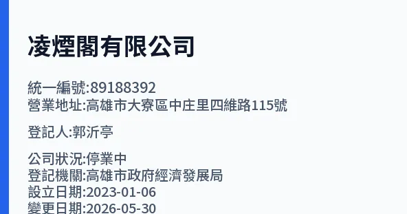 凌煙閣有限公司的照片-統編 89188392(高雄市) 公司登記資料與營業項目詳細圖表