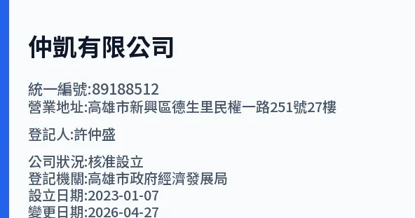 仲凱有限公司的照片-統編 89188512(高雄市) 公司登記資料與營業項目詳細圖表