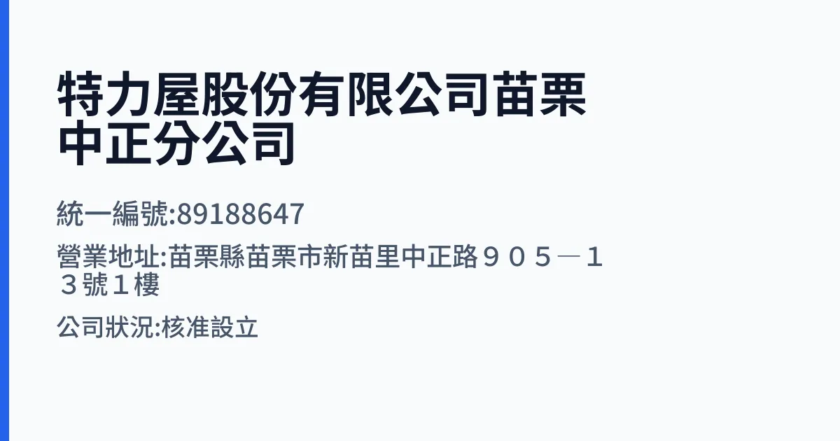 特力屋股份有限公司苗栗中正分公司 - 統編 89188647(苗栗縣) 公司登記資料與營業項目詳細圖表