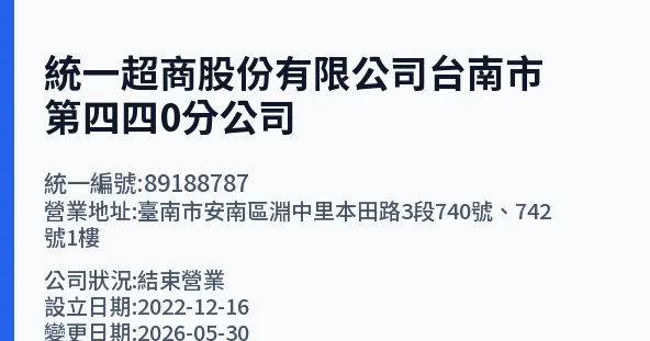 統一超商股份有限公司台南市第四四0分公司的照片-統編 89188787(臺南市) 公司登記資料與營業項目詳細圖表