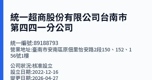 統一超商股份有限公司台南市第四四一分公司的照片-統編 89188793(臺南市) 公司登記資料與營業項目詳細圖表