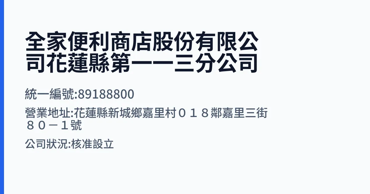 全家便利商店股份有限公司花蓮縣第一一三分公司 - 統編 89188800（花蓮縣） 公司登記資料與營業項目詳細圖表