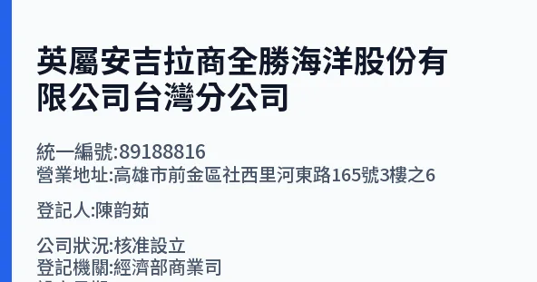 英屬安吉拉商全勝海洋股份有限公司台灣分公司的照片-統編 89188816(高雄市) 公司登記資料與營業項目詳細圖表