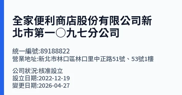 全家便利商店股份有限公司新北市第一○九七分公司的照片-統編 89188822(新北市) 公司登記資料與營業項目詳細圖表