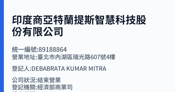 印度商亞特蘭提斯智慧科技股份有限公司的照片-統編 89188864(臺北市) 公司登記資料與營業項目詳細圖表