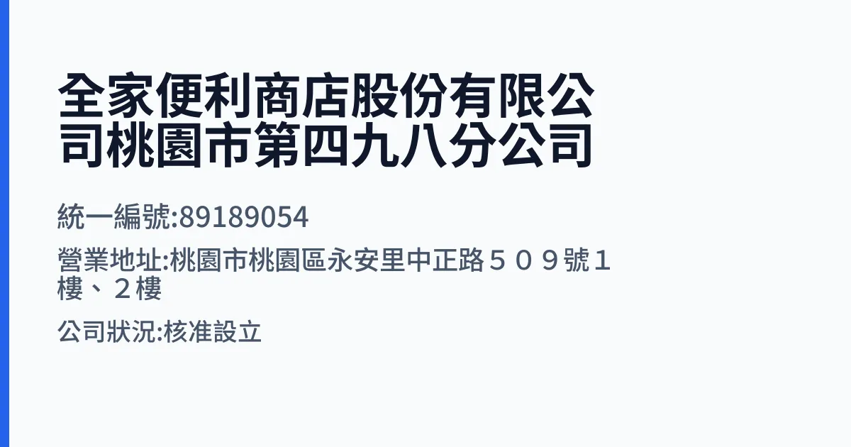全家便利商店股份有限公司桃園市第四九八分公司 - 統編 89189054(桃園市) 公司登記資料與營業項目詳細圖表
