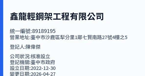 鑫龍輕鋼架工程有限公司的照片-統編 89189195(臺中市) 公司登記資料與營業項目詳細圖表